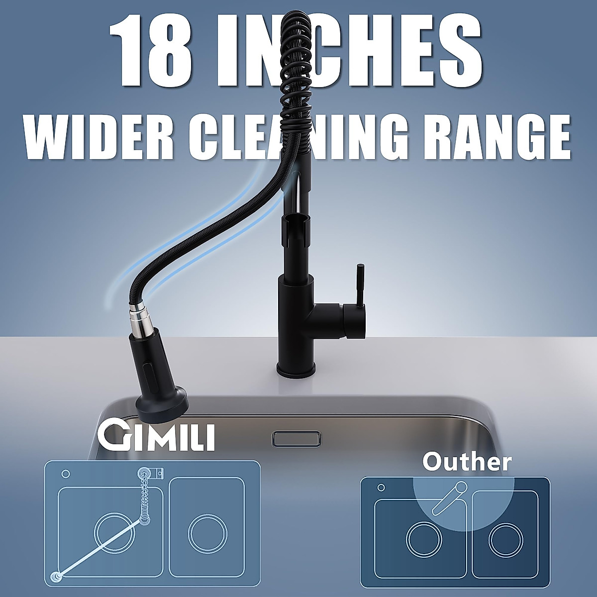GIMILI Black Kitchen Faucet with Pull Down Sprayer Commercial Single Handle Lever Spring Kitchen Sink Faucet