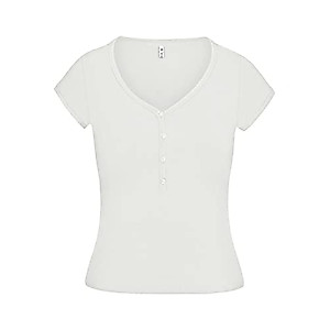 REORIA Women’s Summer Sexy Casual Henley V Neck Button Down Short Sleeve Going Out Y2K Ribbed Tshirts Crop Tops White Small