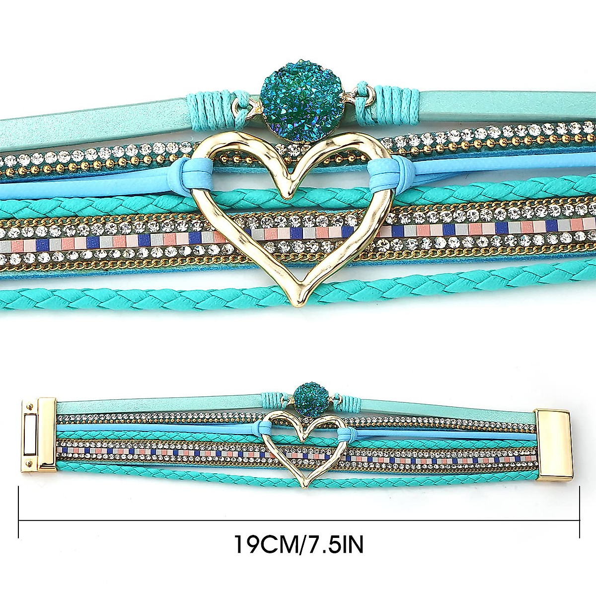 Suyi Multilayer Leather Wrap Bracelet Wide Cuff Bracelets for Women Heart-shape Light Blue