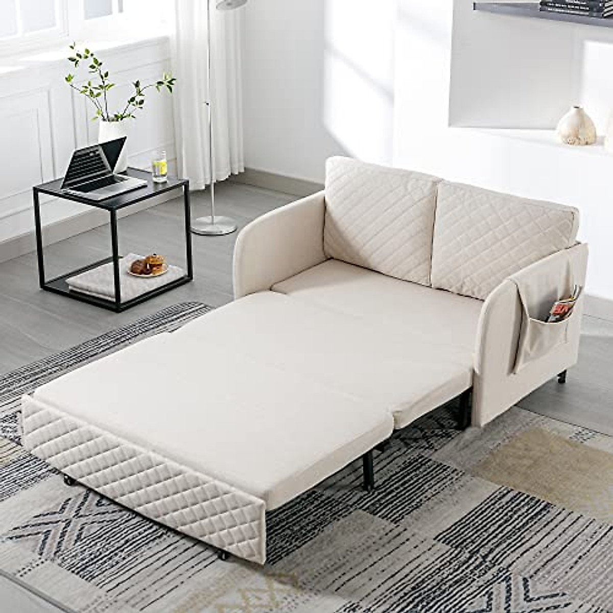 UFINEGO Sleeper Sofa Bed with Pull Out Couch Bed, Upholstery Linen Loveseat Sofa Couch, Modern Pull Out Couch with Under Bed Storage, 2 Pillows & Side Pocket for Living Room Apartment