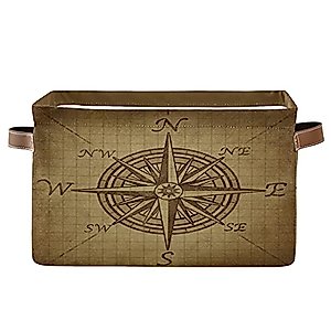 AUUXVA Vintage Retro Compass Storage Bins Basket, Ocean Sea Nautical Theme Collapsible Storage Cube Rectangle Storage Box with Handles for Shelf Closet Nursery Bedroom Home Office 1 Pack
