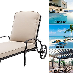 Luccalily Chaise Lounge Outdoor Chair with Side Table, Adjustable Reclining Rust-Resistant Aluminum Cast Poolside Chaise with Convenient Wheels, Outdoor Lounge Furniture Set of 3, (Beige)