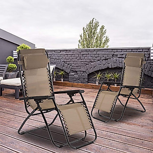 Zero Gravity Chair Patio Chair Lounge Chair Chaise Recliner Outdoor Folding Adjustable Heavy Duty Zero Gravity Chair with Cup Holder and Pillows for Patio, Pool, Beach, Lawn, Deck, Yard Tan