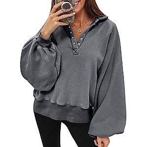 Dokotoo Womens Sweatshirts Winter 2023 Fall Tops Long Sleeve Lantern Sleeve Sweatshirts for Women Button Collar Crewneck Oversized Loose Fleece Pullovers Basic Casual Ladies Shirts Grey Medium