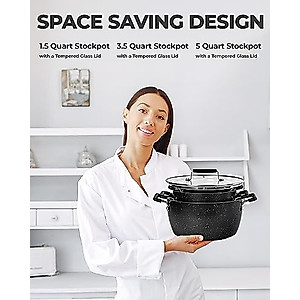 Granitestone 6 Pc Stackable Pot Set, Nesting Non Stick Pots with Lids, Cooking Pots Set, Stock Pot Set with 1.5/3 / 5 Qt Pots with Lids, Induction Cookware, Dishwasher Safe, Non Toxic - Black