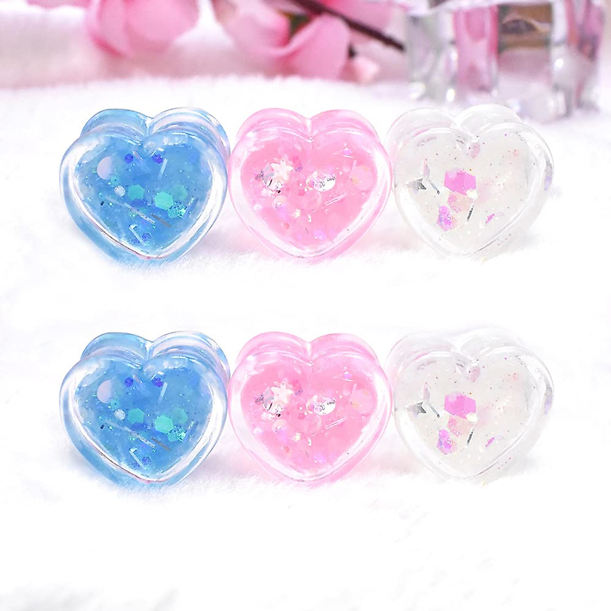 Jboyanpei 6Pcs/3pair Shineing Paillette Heart-shaped Ear Gauges Tunnels and Plug Acrylic Ear Expander Studs Stretching Size 22mm