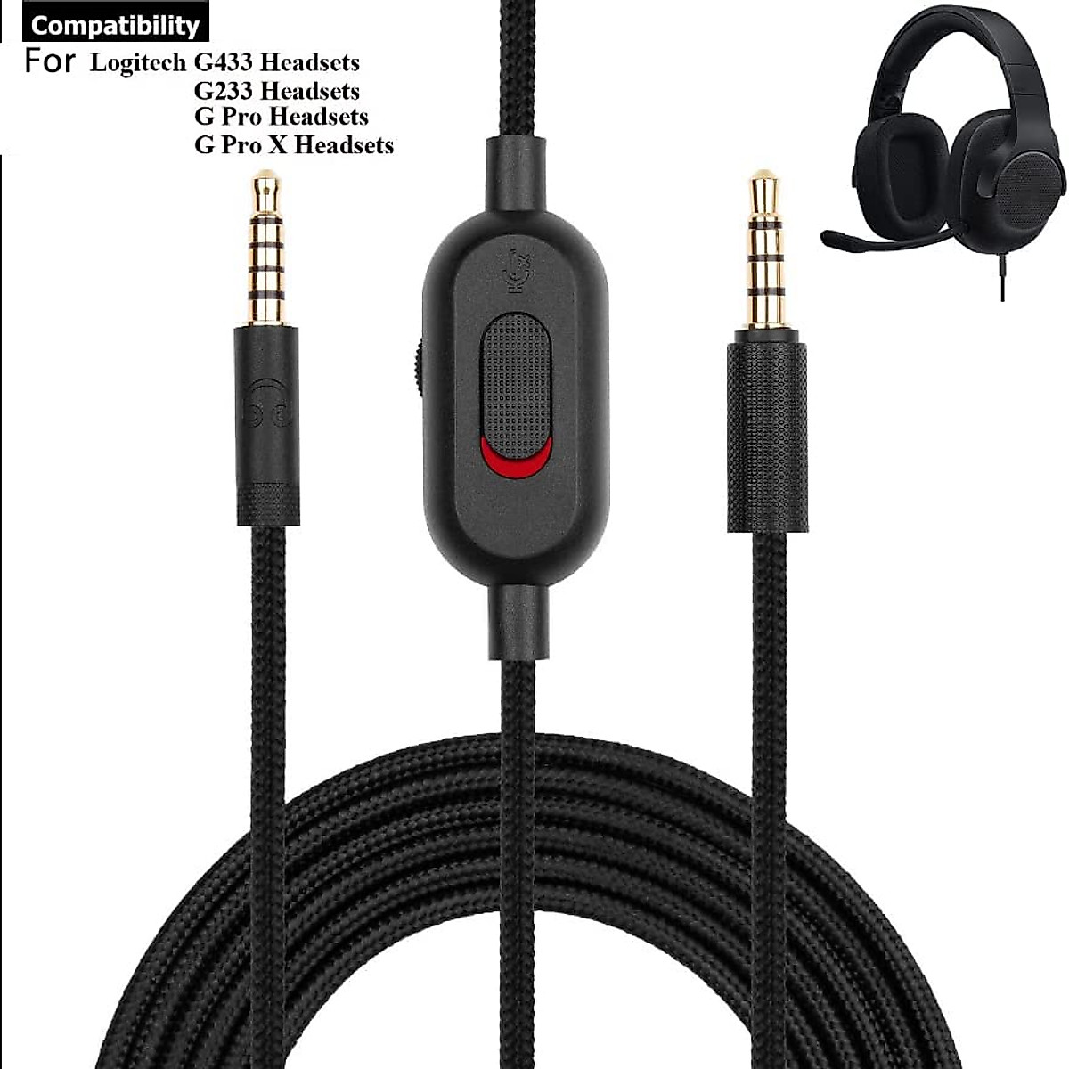 G Pro Audio Aux Cable for Logitech G433/G233/G Pro/G Pro X Headphones Audio Extension Cable with  Inline Mute Switch and Volume Controller Button(Black, 2m)