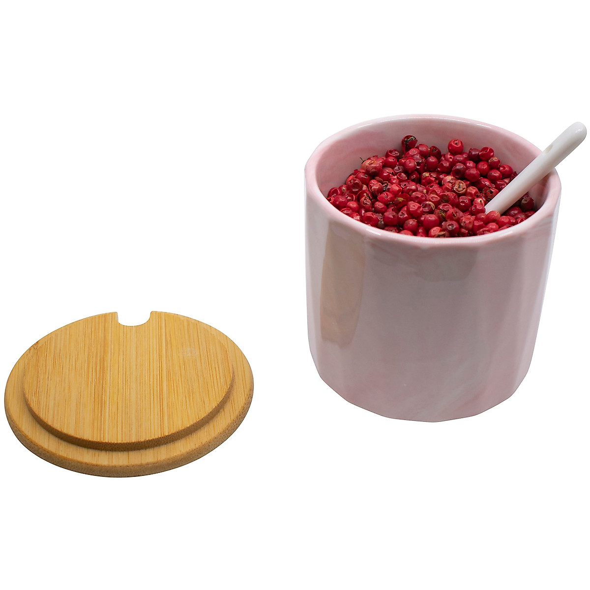 Stephanie Imports Set of 6 Tiered Marble Ceramic Condiment Spice Jars & Drawers With Spoons, Bamboo Lids and Rack (Pink)