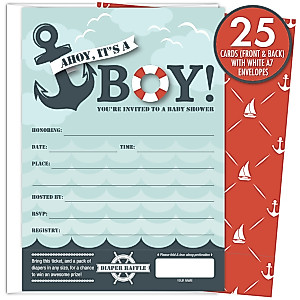Koko Paper Co It’s A Boy Nautical Baby Shower Invitations with Tear-Off Diaper Raffle Tickets. 25 5x7 Fill in The Blank Style Invites with White A7 Envelopes.
