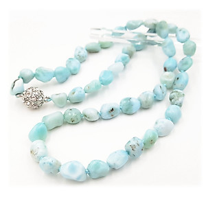 18" Natural Stone Larimar Beads Crystal Magnet Clasp Necklace