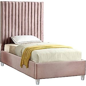 Meridian Furniture Candace Collection Modern | Contemporary Velvet Upholstered Bed with Deep Channel Tufting and Custom Acrylic Legs, Pink, Twin
