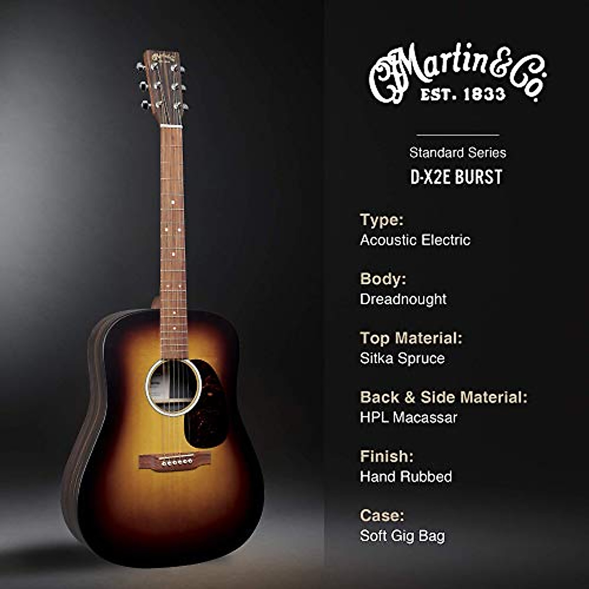 Martin Guitar X Series D-X2E Acoustic-Electric Guitar with Gig Bag, Sitka Spruce and KOA Pattern High-Pressure Laminate, D-14 Fret, Performing Artist Neck Shape Sunburst