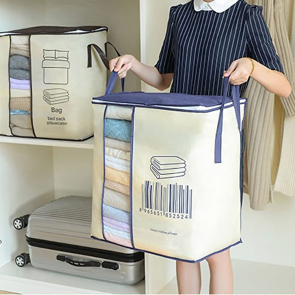 GUAGLL Large Capacity Quilt Storage Bag Printed Non Woven Foldable Window Handle Storage Bag for Clothers Quilt Toys