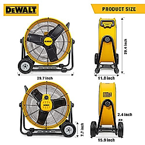 DEWALT DXF-2490 High-Velocity Industrial, Drum, Floor, Barn, Warehouse Fan, Heavy Duty Air Mover with Adjustable Tilt & Large Wheel, 24", Yellow
