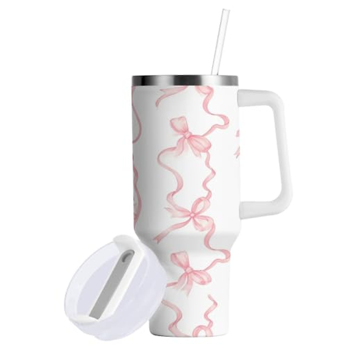 Jihqo Watercolor Bows 40 oz Stainless Steel Vacuum Insulated Tumbler with Handle and Straw Lid, Leakproof Water Bottle Double Wall Travel Mug Coffee Cup, Cupholder Friendly