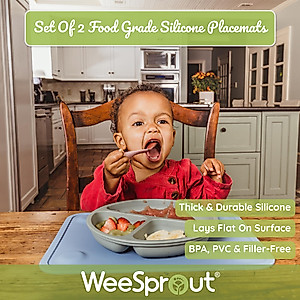 WeeSprout Silicone Suction Placemats for Babies, Toddlers & Kids, Durable Food Grade Silicone with Non-Slip Suction, Dishwasher Safe, for Dining Table & Restaurants + Travel Case, 2 Pack