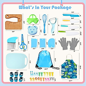 44 PCs Kids Knife for Real Cooking, Hombae Toddler Cooking Set Safety Wooden Plastic Knives Cutting Board Bread Fruit Fork Crinkle Cutter Peeler Scissor Cream Scraper Egg Beater Glove Apron Bag Blue