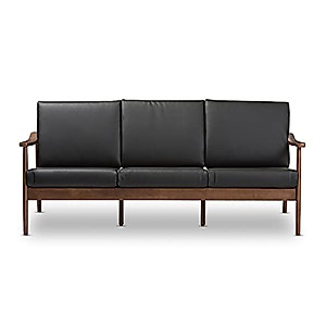 Baxton Studio Venza Mid-Century Modern Walnut Wood Black Faux Leather 3-Seater Sofa