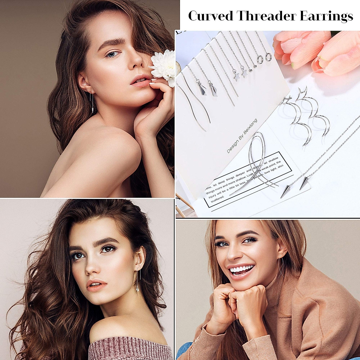 JOERICA 9 Pairs Threader Earrings for Women Stainless Steel Chain Tassel Earrings Lightweight Wave Threader Ball Dangle Drop Minimalist Chain Earrings Set