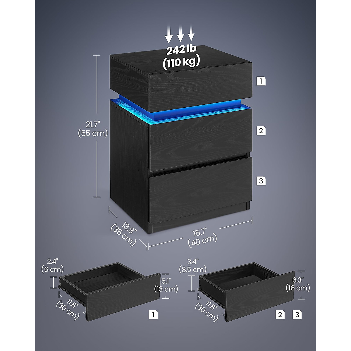 VASAGLE Nightstands with LED Lights, Set of 2, Adjustable Light Colors, Bedside Tables, Side Tables with 3 Drawers, Modern Style, 13.8 x 15.7 x 21.7 Inches, Ebony Black ULET799T58