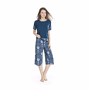 INK+IVY Pajamas for Women - Short Sleeve and Capri Pants PJ Set Loungewear, Casual Soft Breathable Sleepwear, Large, Bohemian Night Navy 2 Piece