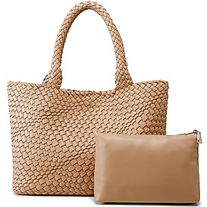 Woven Bag for Women, Fashion Top Handle Shoulder Bag Vegan Leather Shopper Bag Large Travel Tote Bag (Apricot)
