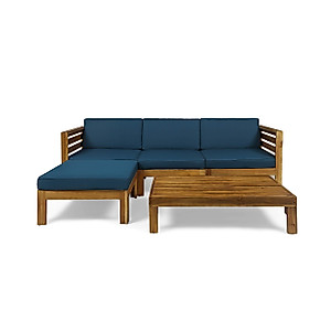 Christopher Knight Home Alice Outdoor 5 Piece Acacia Wood Sofa Set, Teak Finish, Dark Teal