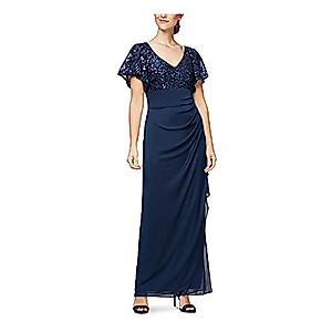 Alex Evenings Women's Stretch Sequin Bodice Empire Waist Long Dress, Navy Flutter Sleeve, 16