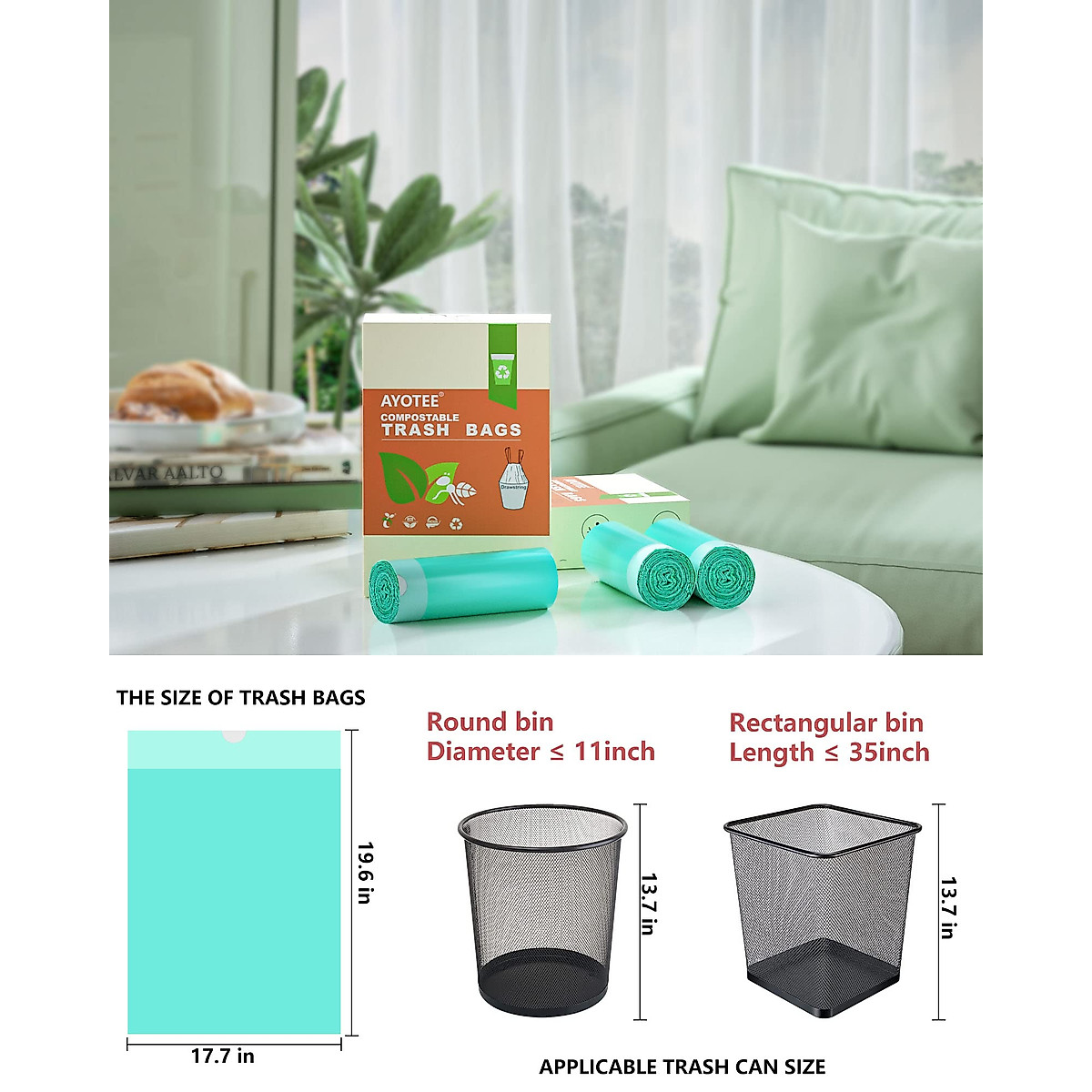 AYOTEE Compostable Trash Bags 4 Gallon Drawstring Trash Bags,100 Counts Ultra Strong Unscented Garbage Bags Small Trash Bags Waste Basket Liners for Bathroom, Kitchen, Car, Pet