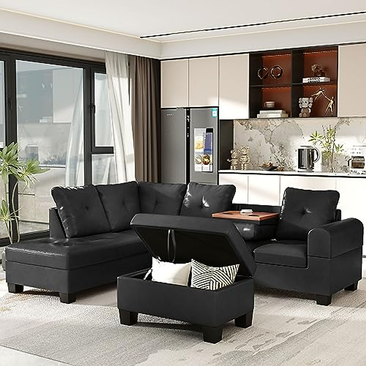 Lamerge Living Room Sectional Couch with Storage Ottoman, Modern PU Leather L-Shaped Sofa Couch Set, Black Modular Sofa Sectional w/Cup Holder, Living Room Furniture Set for Apartment, Small Space