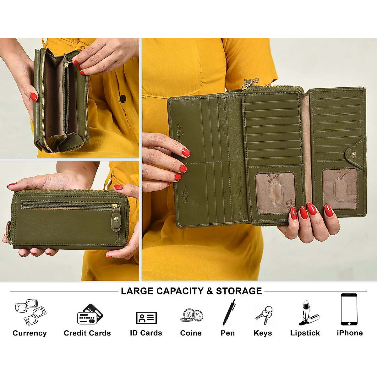 Womens Leather Wallet Rfid Blocking Zip Around Clutch 2 ID Window With 32 Slots | Real Smooth Genuine Leather Wallet | Multiple Card Holder | Compact Premium Best Handmade Gift | Olive Green