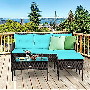 Acquire 3 PCS Patio Rattan Furniture Set 3-Seat Sofa Cushioned Table Turqouise Suitable for Poolside, Backyard and Garden, Etc