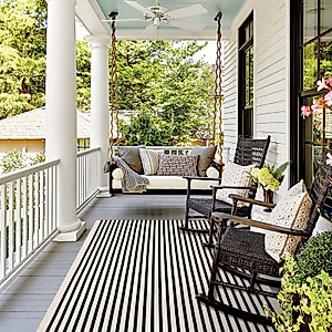 Collive Black and White Outdoor Rug,5x8ft Striped Outdoor Rug,Reversible Washable Patio Rugs,Cotton Hand Woven Indoor Area Rug Floor Carpet for Outdoor/Indoor