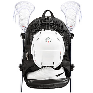 MARITTON Lacrosse Bag Backpack – Lacrosse Backpack Holds All Lacrosse or Field Hockey Equipment - Two Stick Holders and Separate Cleats Shoe Compartment. (BLK)