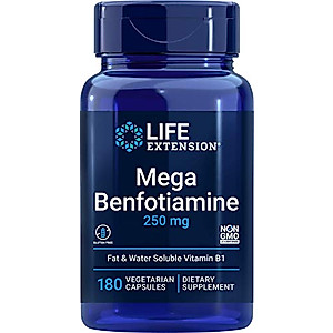 Life Extension Mega Benfotiamine, 250 mg, 180 Veg caps with Thiamine - Vitamin B1 Supplement
