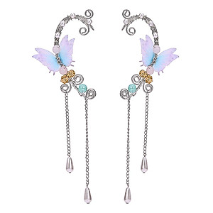 SXNK7 Elf Ear Cuffs Clip on Earrings Butterfly Flower Tassel Filigree Elven Cosplay Fairy Ear Wrap Cuffs Earrings for Women Wedding Jewelry