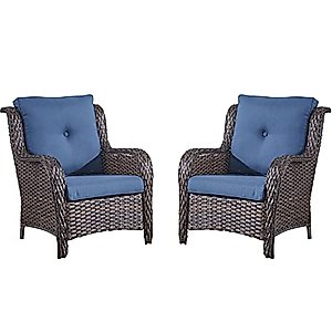 Belord Patio Furniture Conversation Sets 2 Peices Wicker Chairs, Wide Armchair Outdoor Furniture Sets for Porch, Balcony, Backyard, All Weather Brown Wicker Chair with Blue Cushion