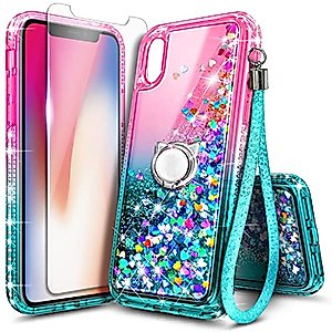 NGB Case for iPhone X, iPhone Xs with Tempered Glass Screen Protector, Ring Holder/Wrist Strap, Girls Women Liquid Bling Sparkle Flowing Floating Glitter Clear Cute Case (Pink/Aqua)