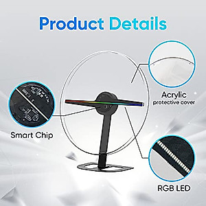 3D Holographic Fan, 3D Hologram Fan with Transparent Round Protective Cover, LED Fan Hologram Projector Suitable for Advertising Player, Party, Commercial Store Sign, Shop, Bar