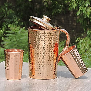 Ancient Impex Pure Copper Hammered Pitcher with Two Copper Mugs for Storing and Drinking Water | Ayurvedic Pure Copper Hammered Jug Capacity 57.48 fl oz. with Matching Lid and Two Matching Cups