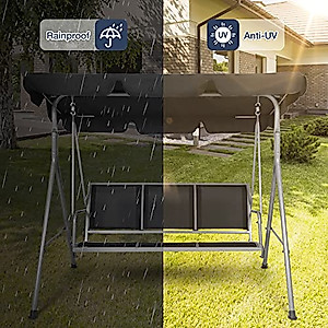 Vilobos Outdoor Patio Swing Chair, 3-Seater Porch Swing Bench with Adjustable Canopy and Duracble Metal Stand, Swing Set for Backyard, Porch and Garden, Black