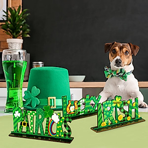 Sggvecsy 3 Pcs St Patricks Day Decorations Lucky Irish Wooden Table Sign Tabletop Centerpiece Signs with Gnome Coins Shamrock Rainbow Buffalo Plaid Table Ornaments for Home Desk Window Indoor Decor