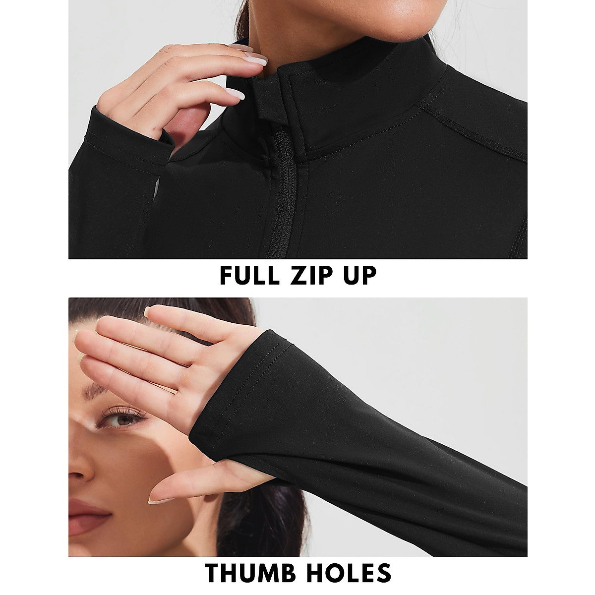 PINSPARK Workout Jackets for Women Athletic Running Gym Yoga Jacket Lightweight Full Zip Slim Fit Sports Tops Thumb Holes Pockets, Black, Small