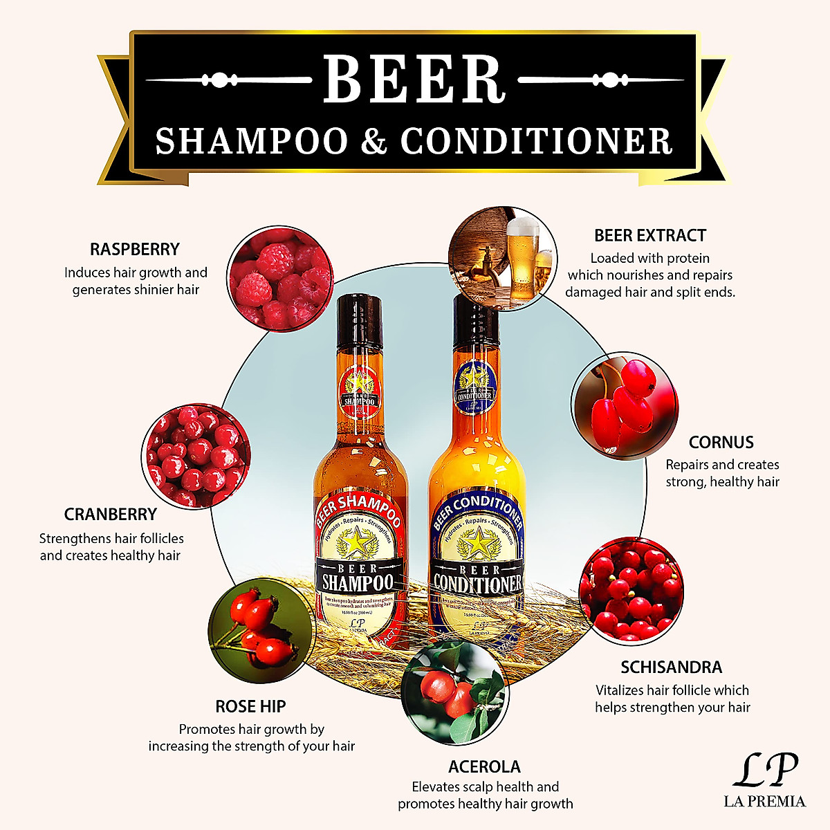 La Premia Beer Shampoo for Damage Free Hair - 16.90 fl oz - Original Yeast with Natural Ingredients, Biotin & Vitamin B5 for Men & Women - Color Safe, Cruelty Free