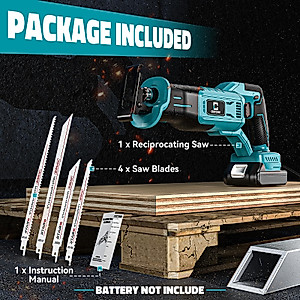 Cordless Reciprocating Saw for Makita 18V Battery,Cerycose Brushless Recipro Saw,Variable Speed 1" Stroke Length,3200 SPM,Toolless Blade Change, 4 Saw Blades for Metal/Wood/PVC Cutting Tool Only