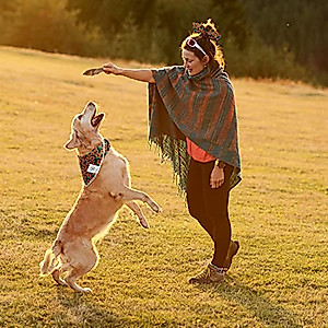 E-Clover Fall Dog Bandana & Matching Scrunchie Set Floral Dog Scarf Bibs with Bow Hair Tie for Small Dogs Puppy Owner Orange Green Gift