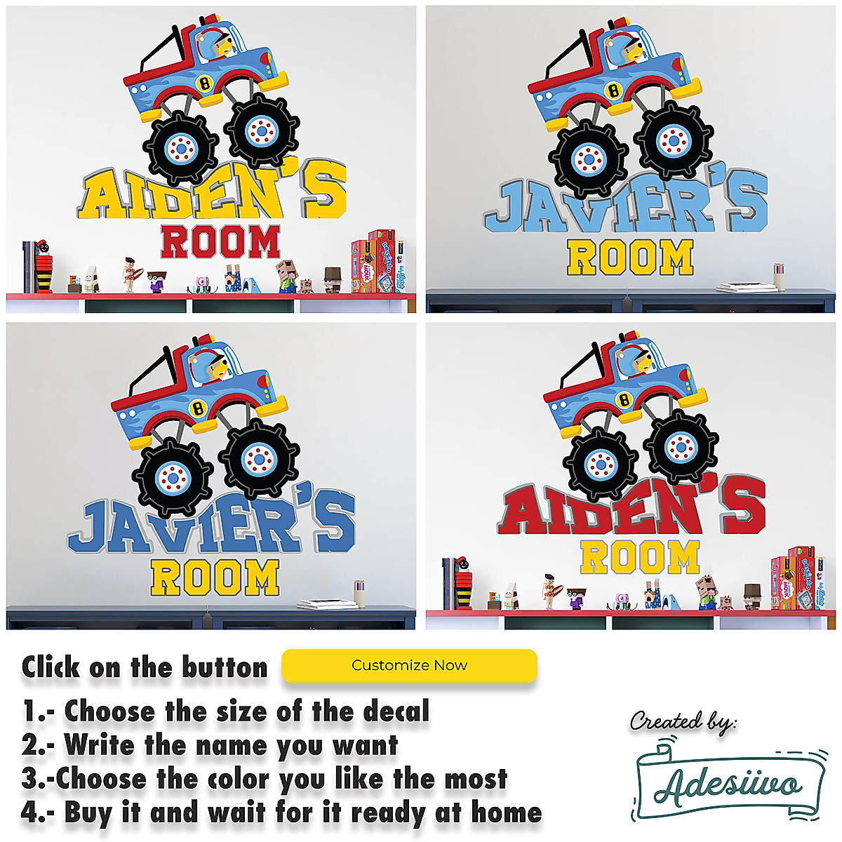 AdesiivoStudio Personalized Name Monster Truck Stickers for Wall Decor - Monster Truck Room Decor for Boys - Monster Jam Wall Decals for Kids Bedroom - Customized Name Wall Decor (Kids Monster Truck)