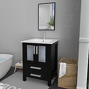eclife 24" Modern Bathroom Vanity Sink Combo with Overflow Ceramic Sink Top & MDF Stand Bathroom Cabinet & Chrome Solid Grass Faucet and Pop Up Drain Vanity Mirror (A08B03)