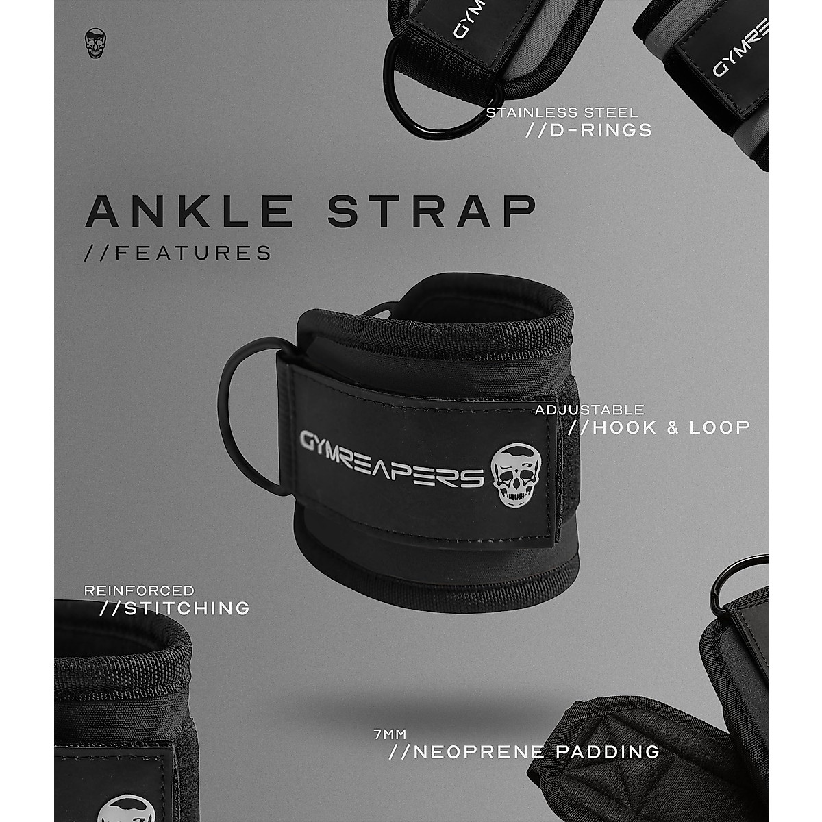 Gymreapers Ankle Straps (Pair) For Cable Machine Kickbacks, Glute Workouts, Lower Body Exercises - Adjustable Leg Straps with Neoprene Padding (Black, Pair)