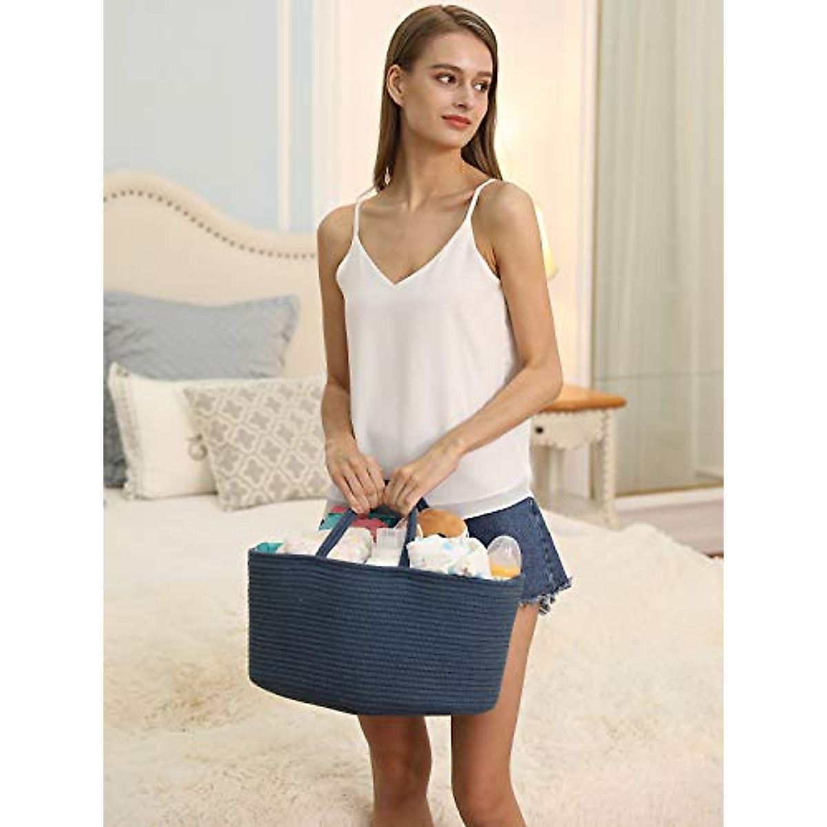 Cotton Rope Caddy with Removable Divider, Nursery Storage Organizer Blue Large